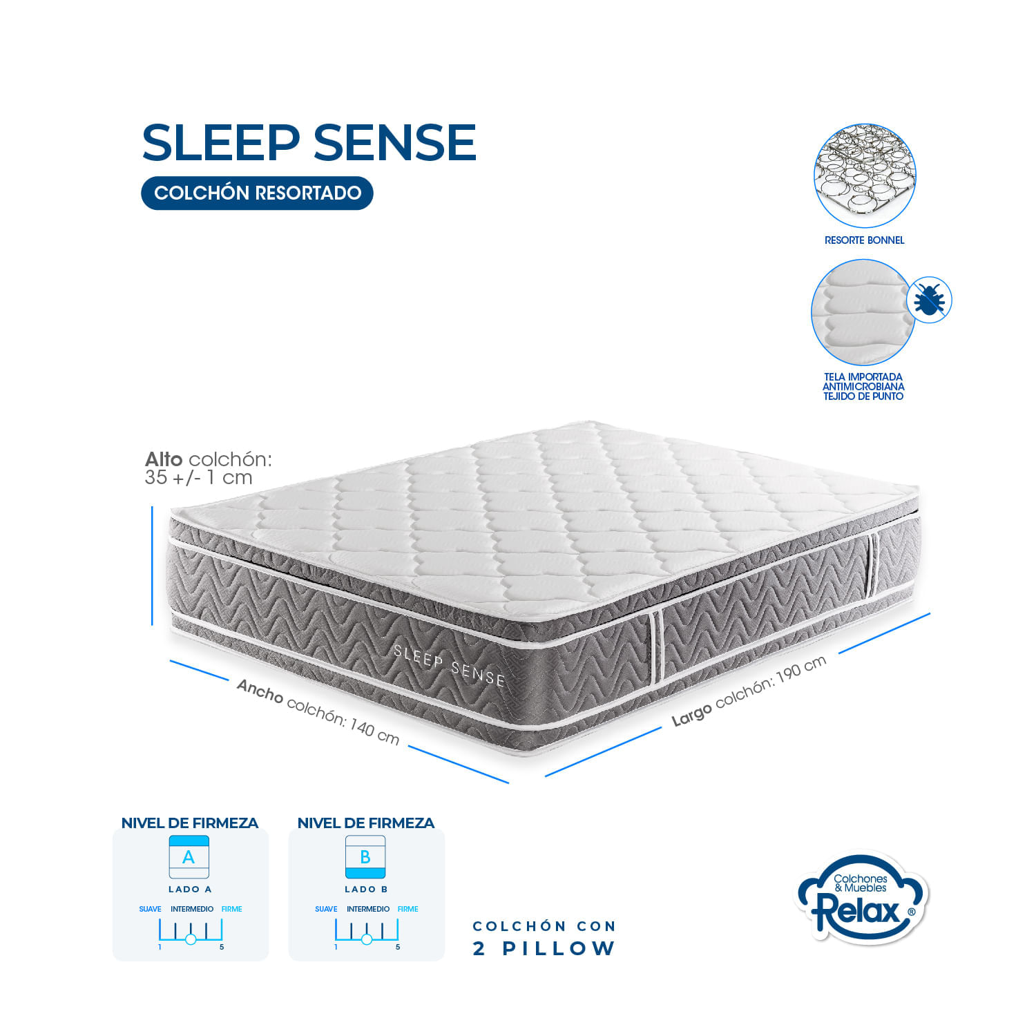 Colchón Doble con Base Cama Sleep Sense Colchones Relax 140x190x35cm ...
