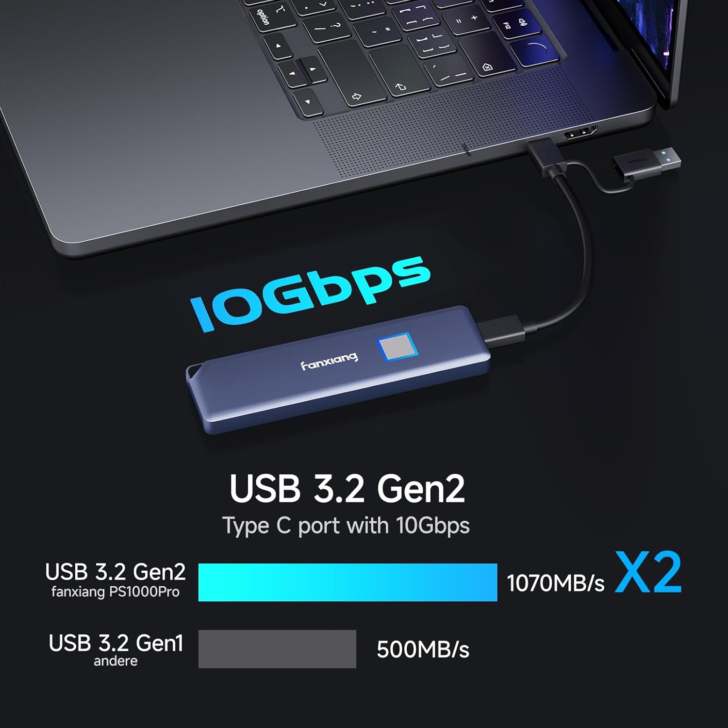 fanxiang SSD externo de huellas dactilares SSD portátil de 1 TB, hasta ...