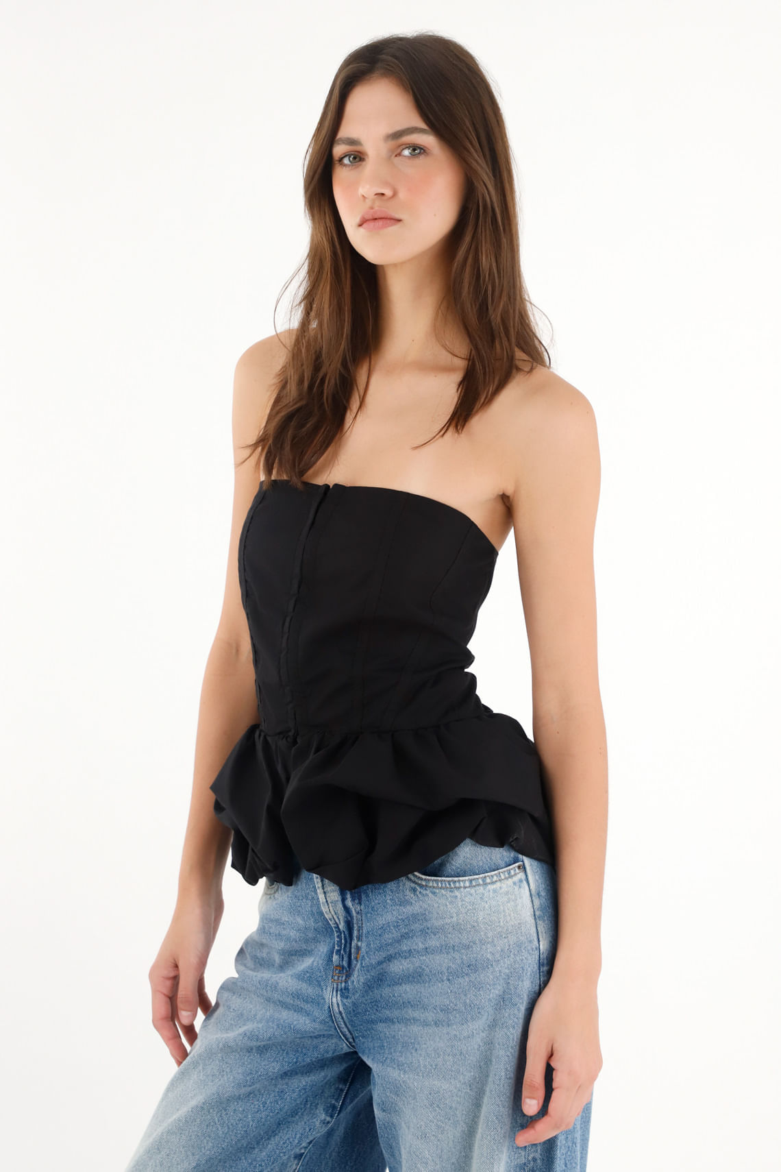 Camisa strapless con corte abombachado negra para mujer - Agaval
